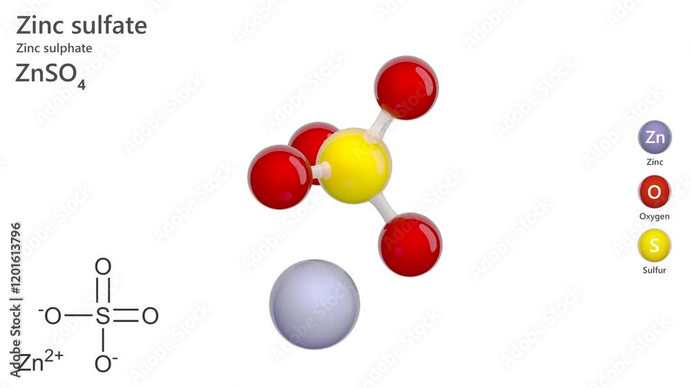 Zinc Sulfate. Animated 3D model of a molecule. Molecular formula: ZnSO4 ...