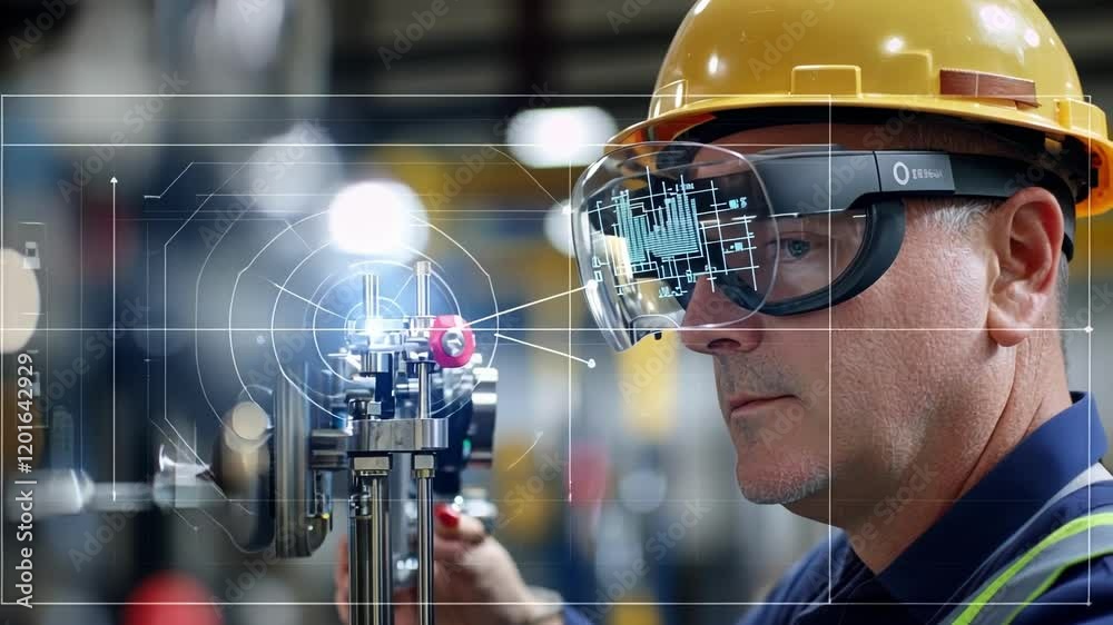 A worker wearing augmented reality glasses inspecting a complex ...