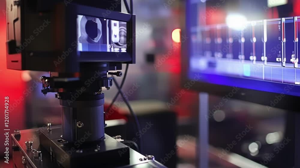 A tight shot of a robotic quality inspection unit using cameras and ...