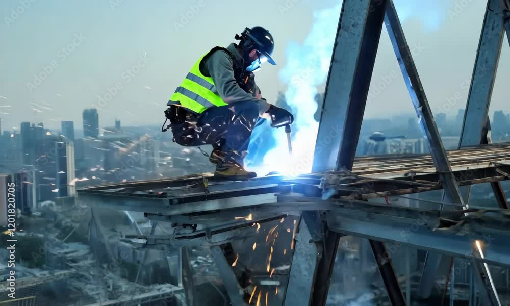 welder at work Welder wearing safety vest and a welding mask works in ...