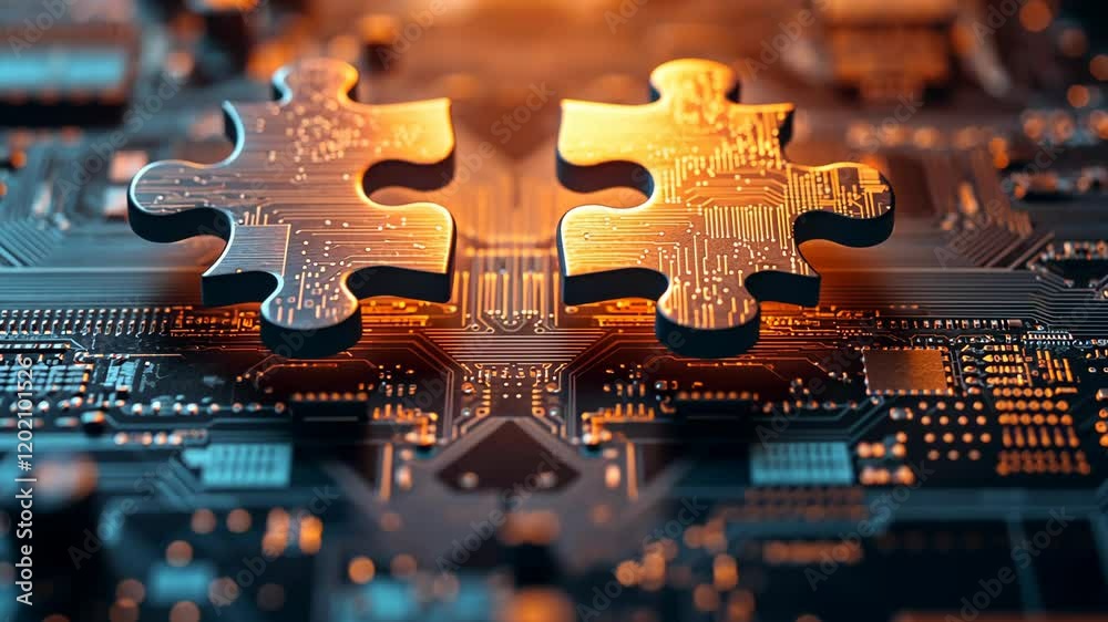 Two puzzle pieces fitting together on an abstract digital circuit board ...