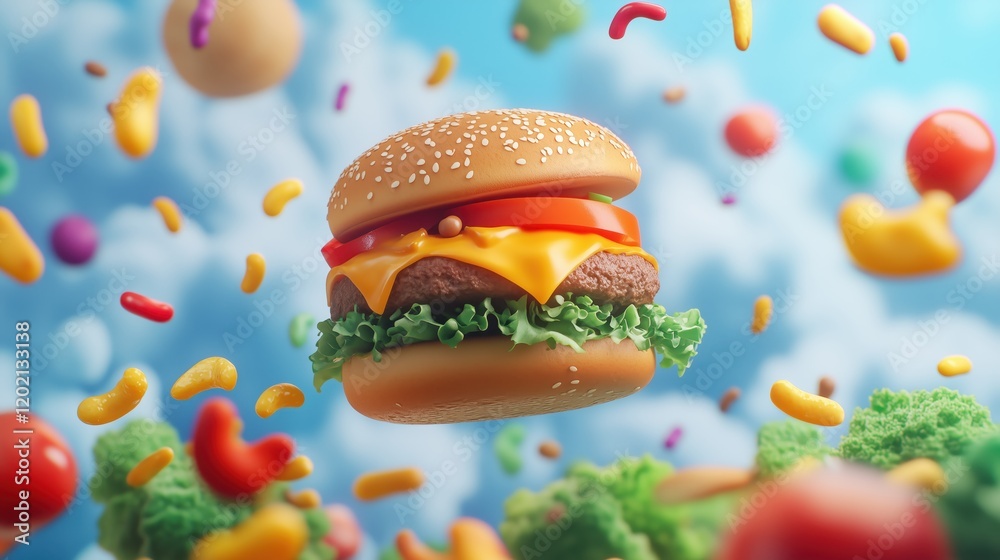 Poster A fully loaded cheeseburger appears to float in midair, its ...