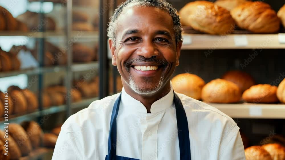 A smiling African American owner of a small bakery stands in front of ...