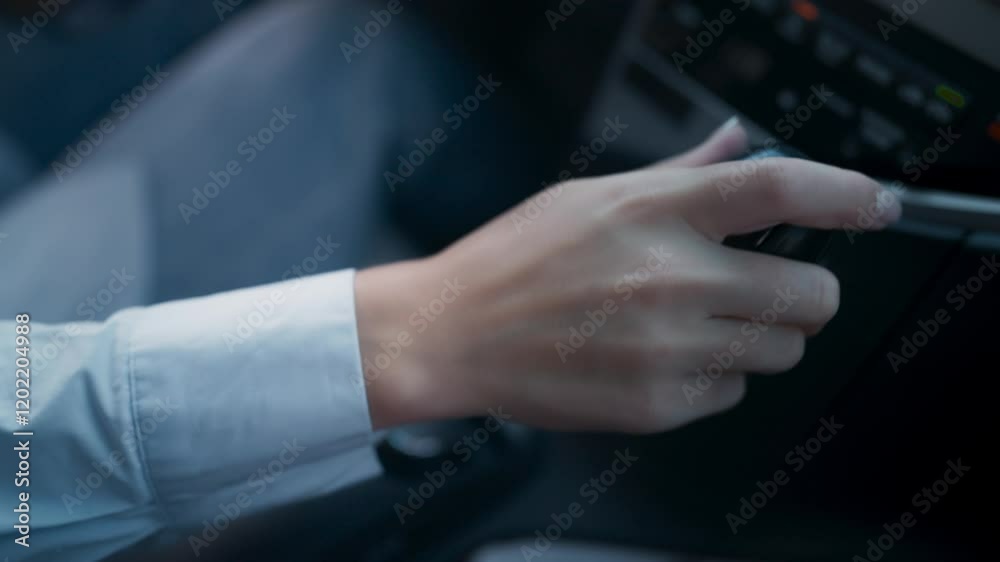 Close-up of hand shifting car gear lever inside modern vehicle. Persons ...