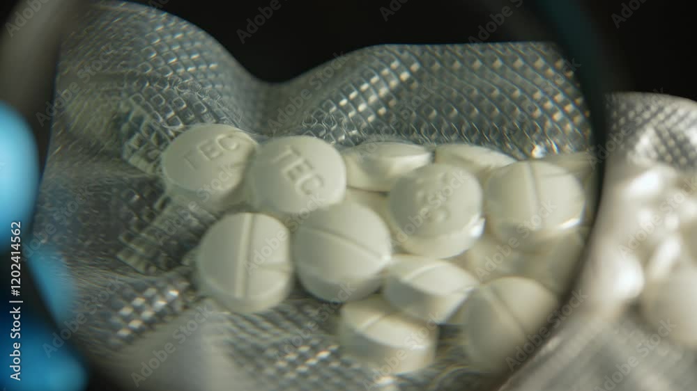 Police investigator in blue gloves studying seized illegal drugs packed ...