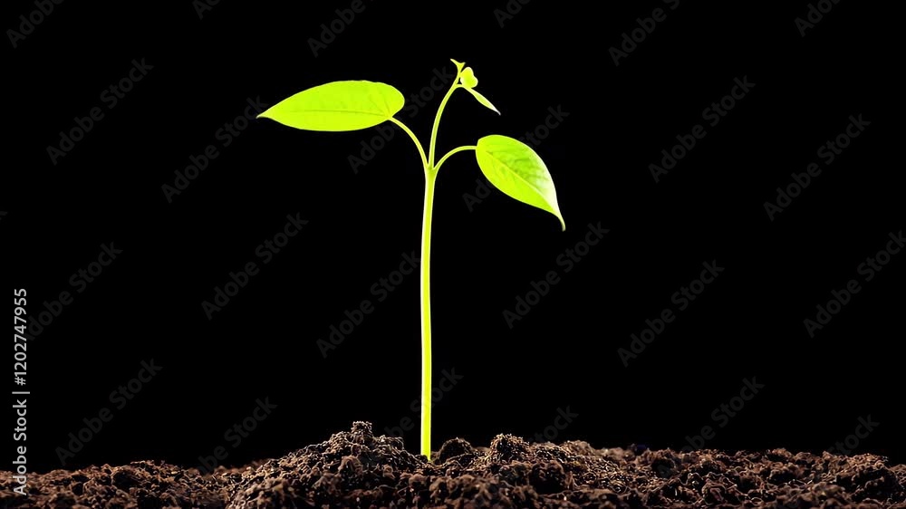 Bean plant growing steadily from the ground. The seed splits open, and ...
