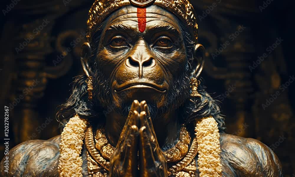 Praying Hanuman statue, temple setting, India, religious devotion ...
