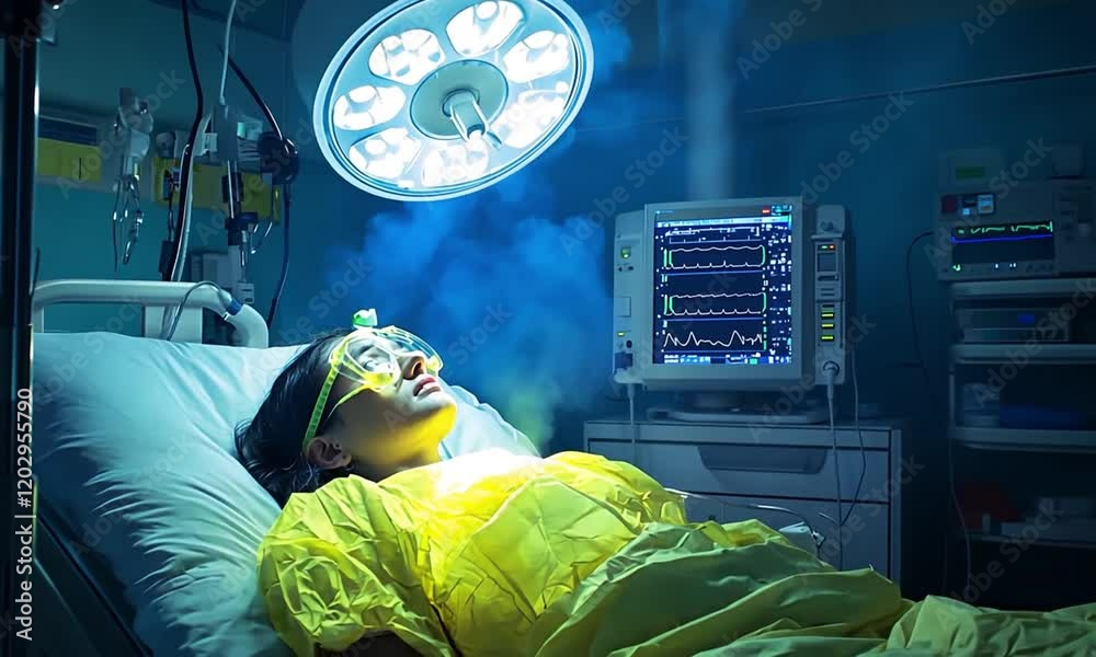 Patient in a hospital bed wearing protective gear under a bright ...