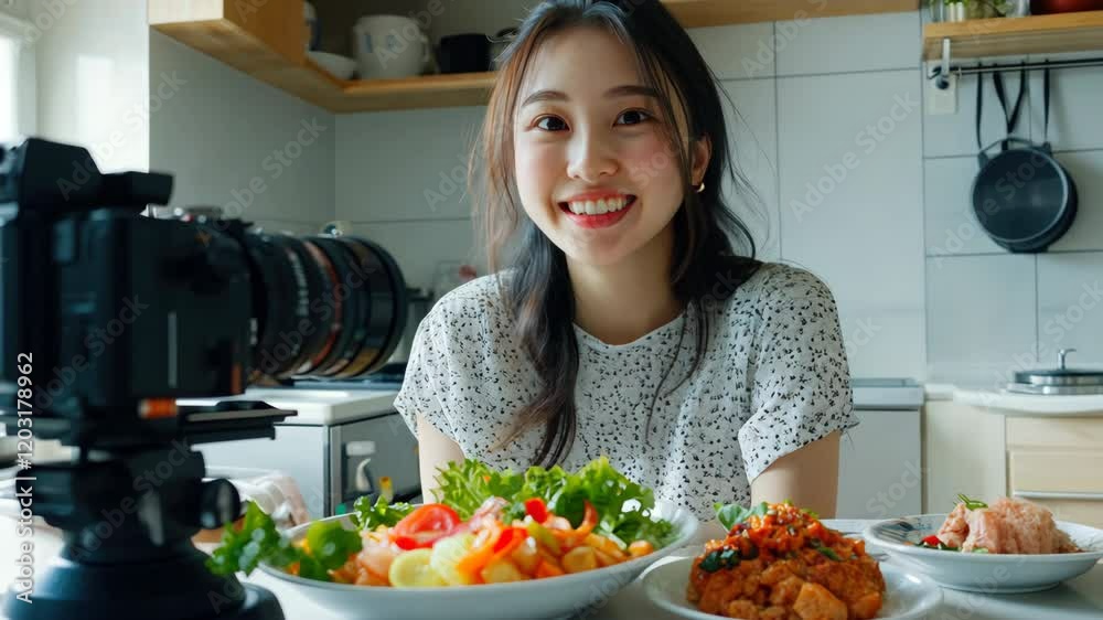 Happy excited Asian girl records mukbang. Vlogger shooting video of ...