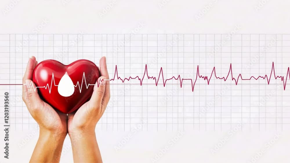 Hands cradle a red heart with an electrocardiogram line on a white ...
