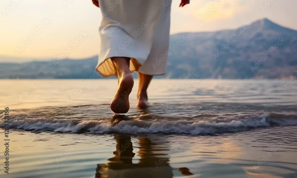 A serene scene of a jesus christ walking barefoot on water, with ...
