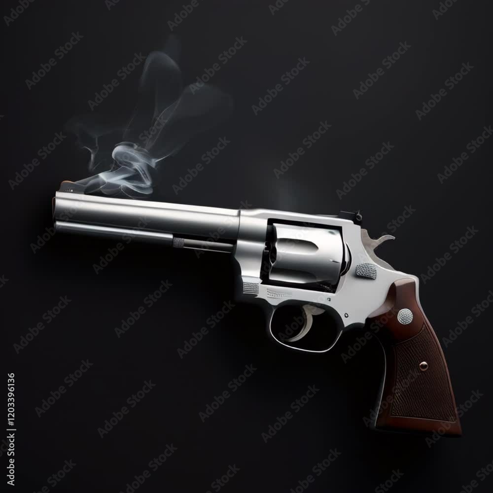 Silver revolver pistol with smoke on a dark background. Classic weapon ...