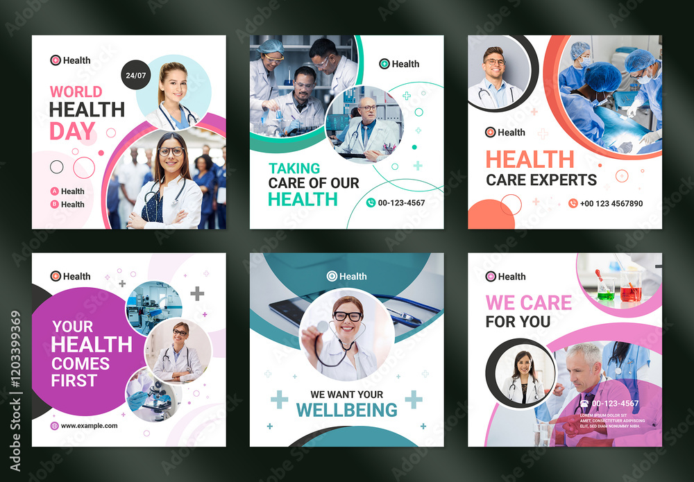 Health Care Social Media Post Design Layout Set Stock Template | Adobe ...