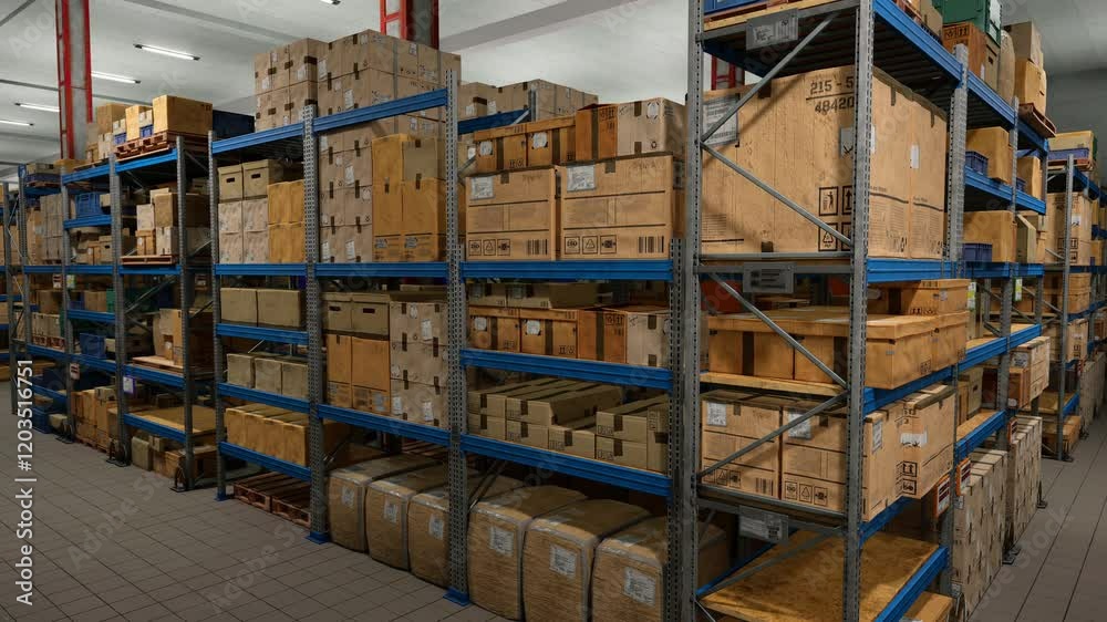 Industrial Warehouse Filled With Storage Boxes Labeled For Shipment ...