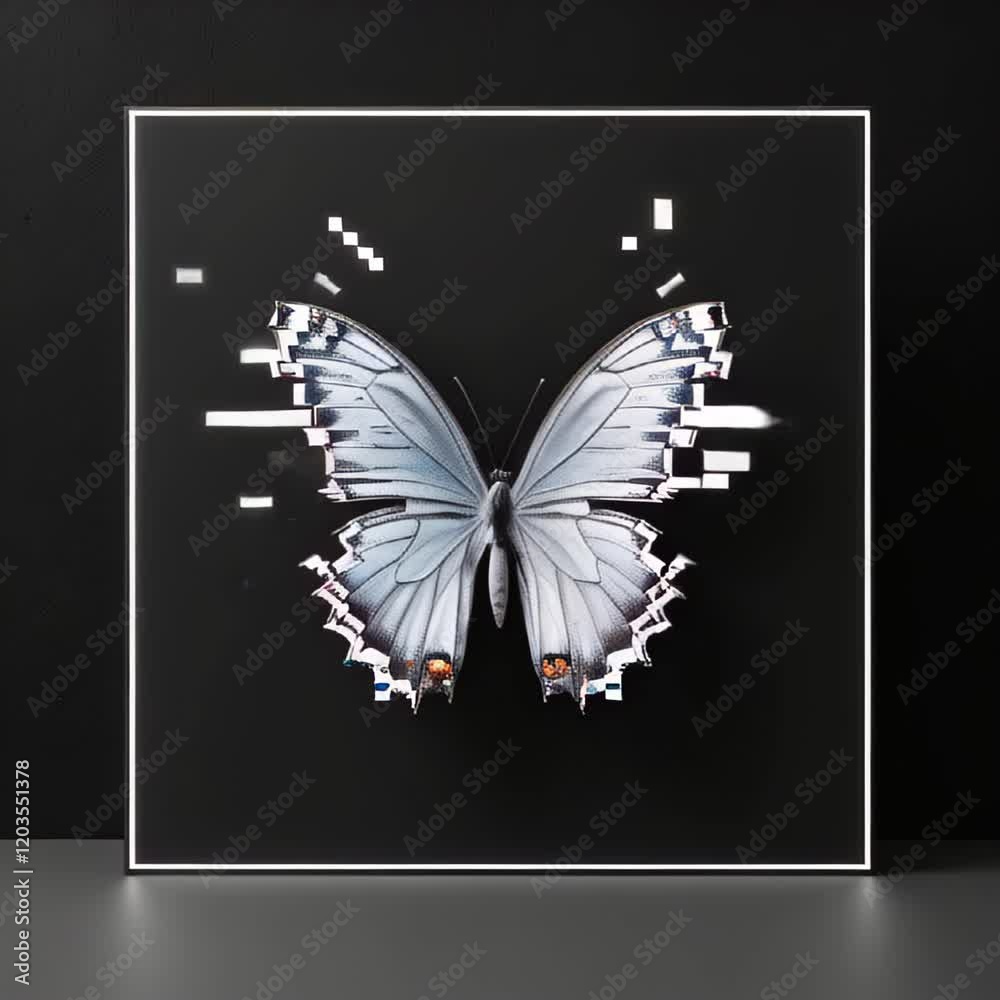 Digital butterfly with fragmented, pixelated wings on a dark black ...