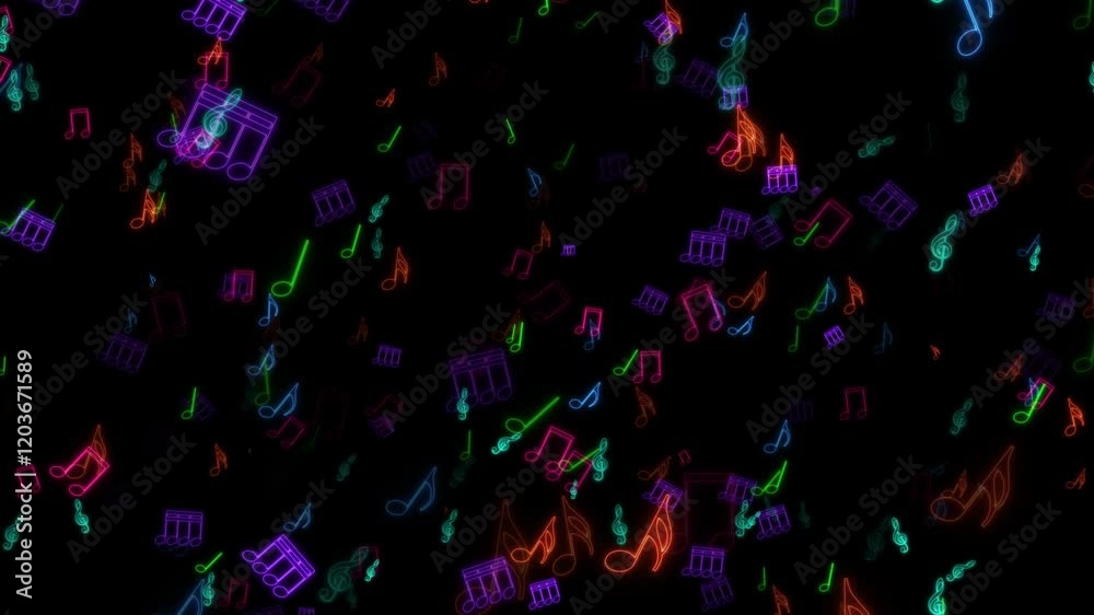 Bright neon music notes flying wildly. Bright music background. Looping ...