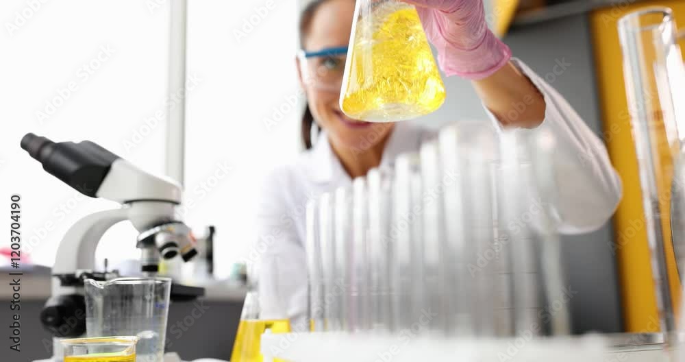 A dedicated scientist in a lab using beakers and a microscope for ...