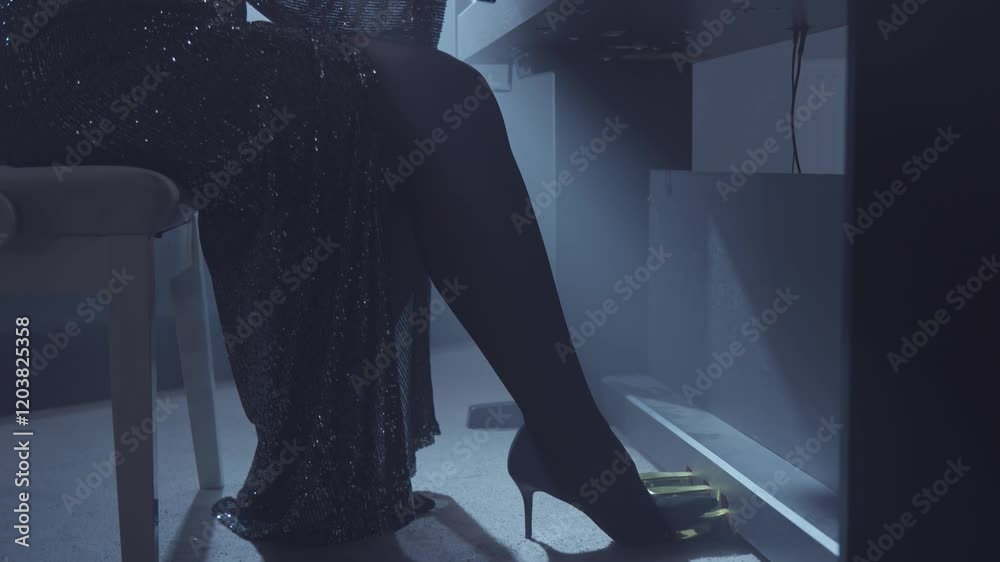Female foot wearing high heel shoes stepping on piano pedal. Woman ...