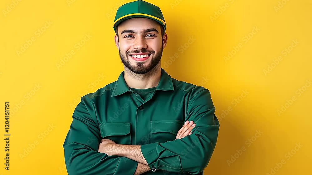 Cheerful plumber in a neat green uniform, arms crossed confidently ...