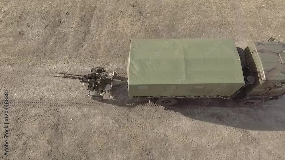 Air defense, anti-aircraft gun. Military truck carries a ZU-23-2 anti ...