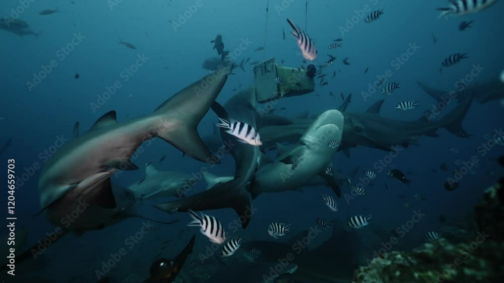 Close-up gray bull shark swimming, feeding underwater from bucket in ...