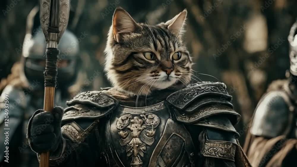 Scene of a cat wearing armor, smooth repeating motion for background ...