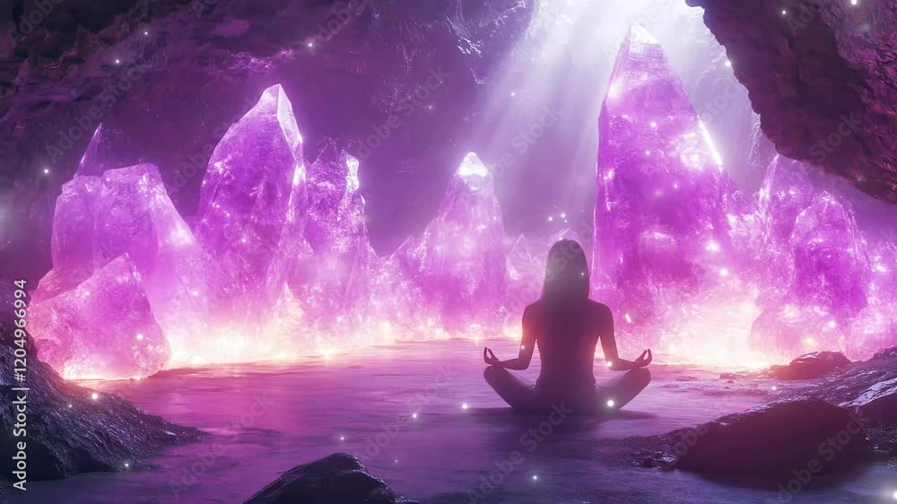 Meditation in a serene amethyst crystal cave surrounded by radiant ...