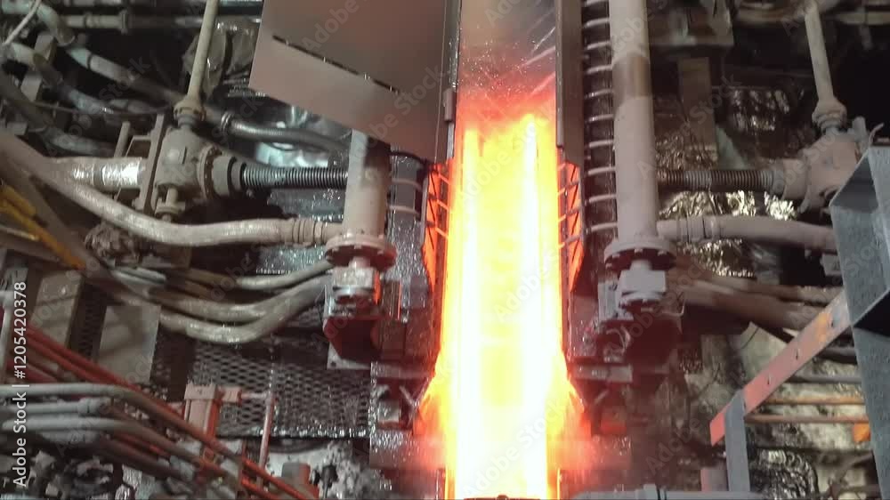 Inside a steel manufacturing facility showing molten metal processing ...