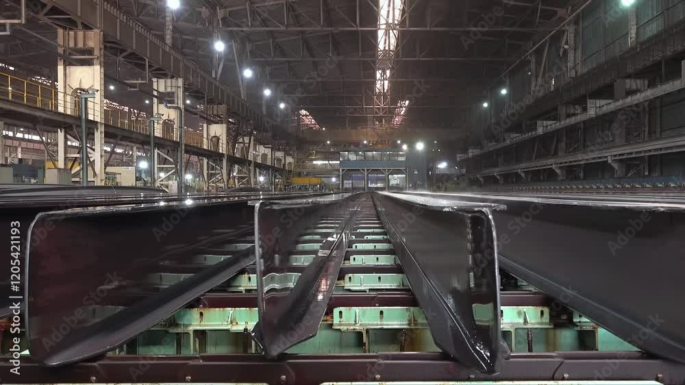 Inside a rail factory where freshly formed I-beam are displayed on ...