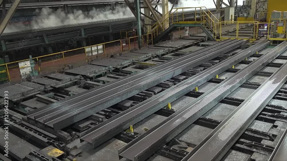 Inside a rail factory where freshly formed I-beam are displayed on ...