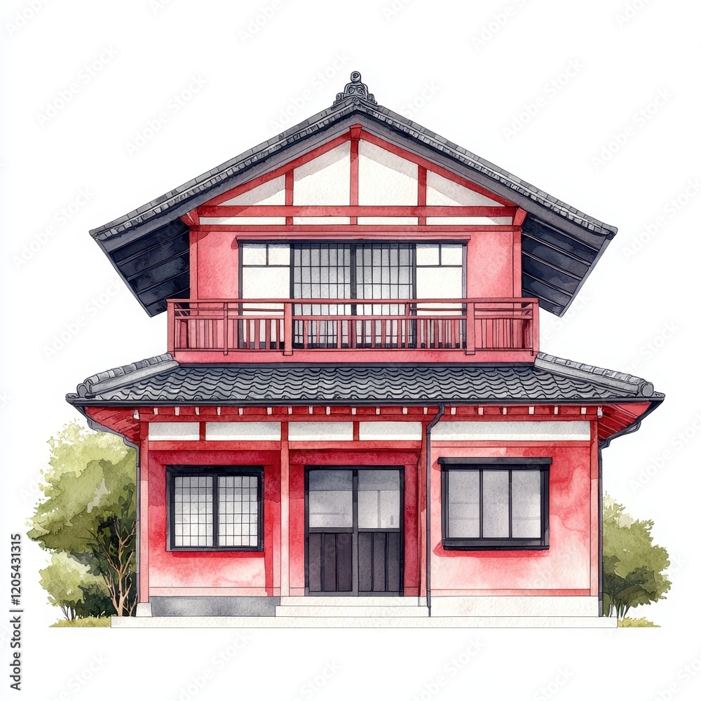Photo & Art Print Traditional Japanese House Watercolor Painting Red ...