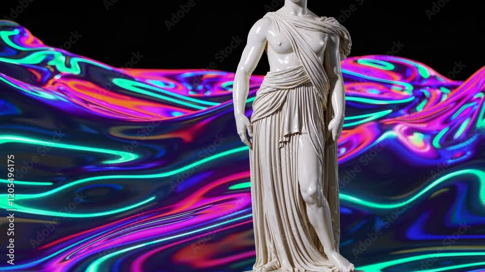 Classical white marble statue positioned against a vibrant neon ...