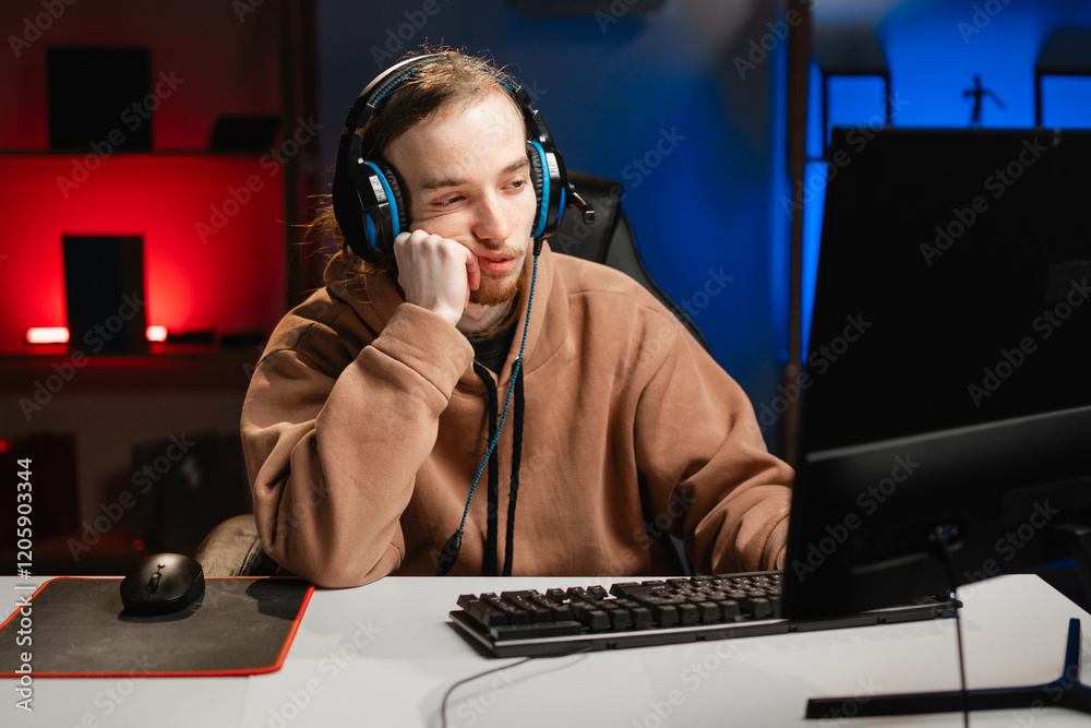 Poster Tired streamer engaged in late-night gaming session, resting his ...