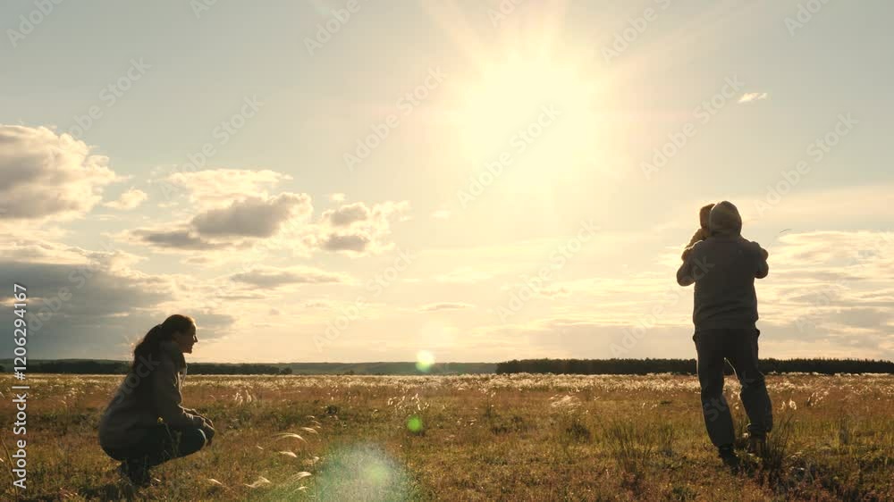 mother child father hug sunset, family happiness run, dream child girl ...