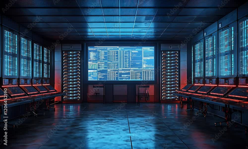 A high-tech server room with glowing screens and control panels ...