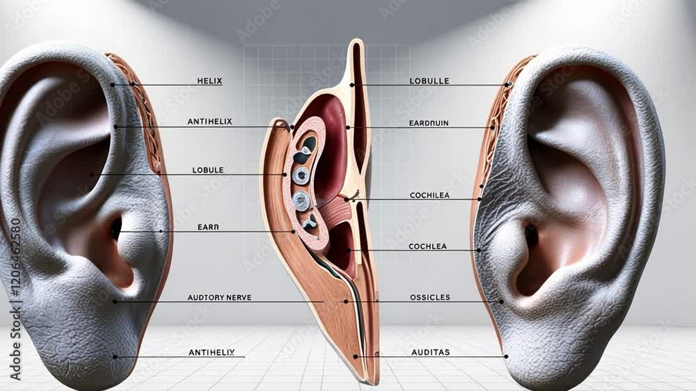 Detailed 3D model of human ear anatomy, showcasing outer ear, ear canal ...