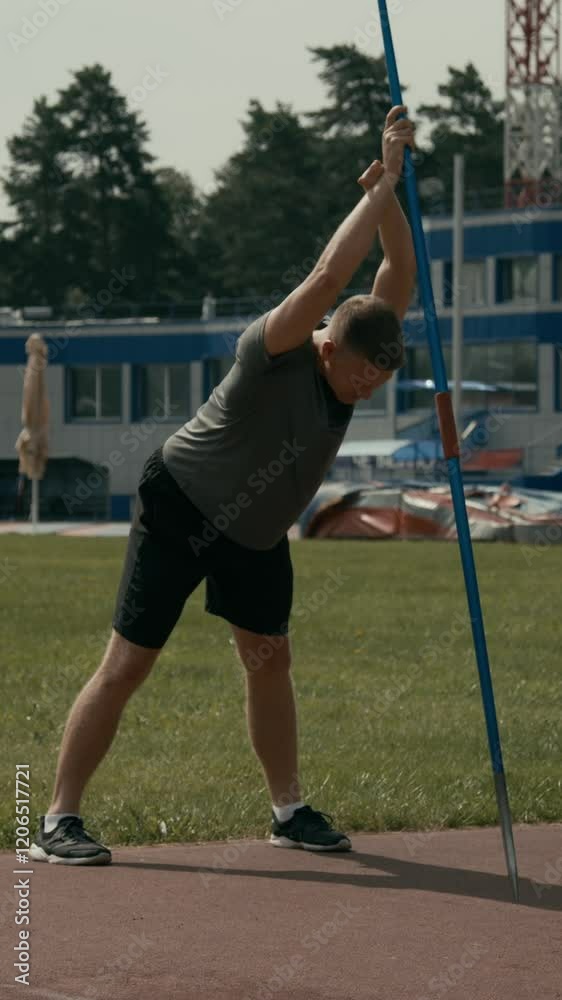 Full vertical shot of young Caucasian male javelin thrower with ...