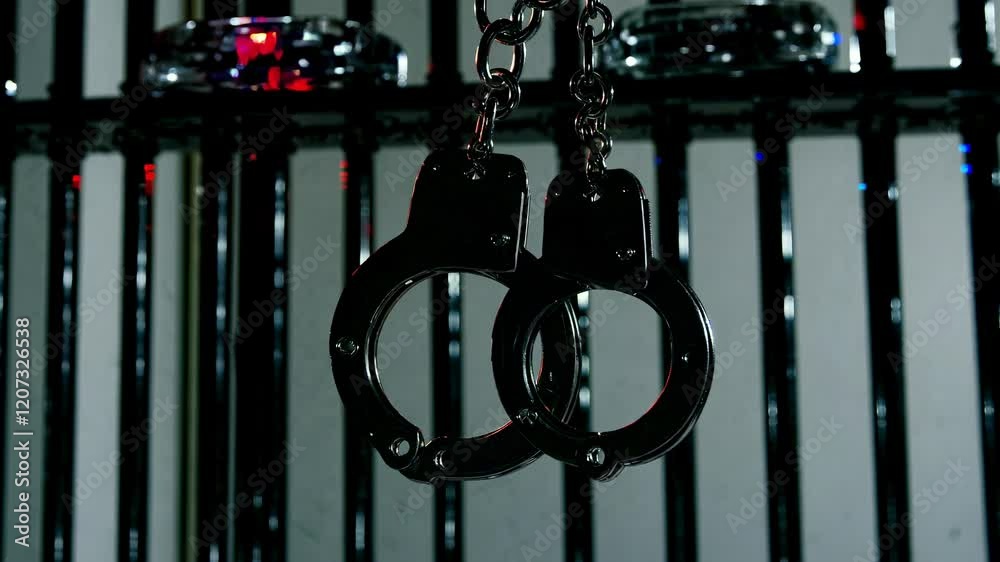 Metal handcuffs dangling from prison cell bars, backlit by pulsing ...
