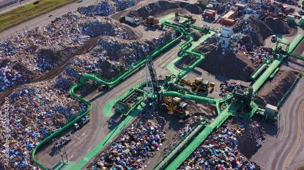 Modern waste sorting plant managing huge piles of garbage, with ...