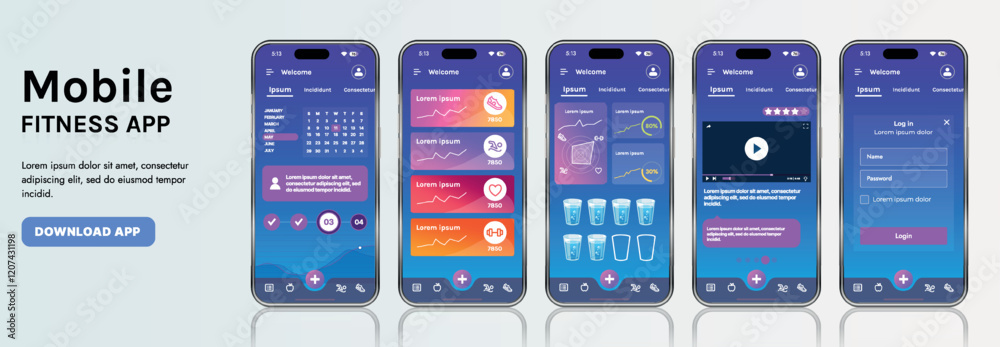 Poster A sleek fitness app interface template featuring responsive ...
