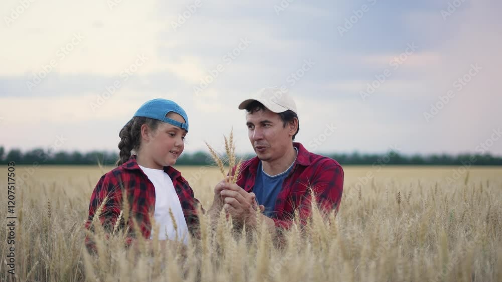 Farmer father with child in wheat field. Farmer teaches child about ...