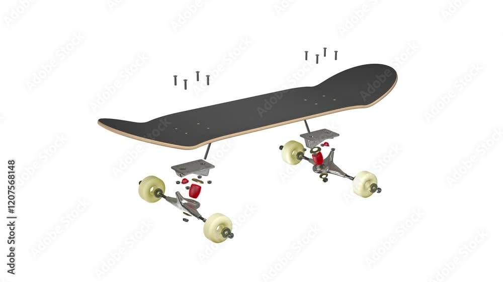 Exploded view of skateboard components. Animation of skateboard with ...