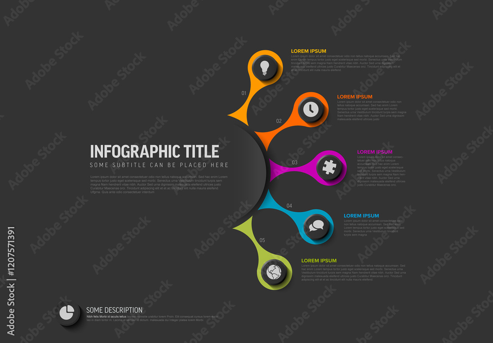 Colorful Dark Infographic Design with Five elements around the title ...