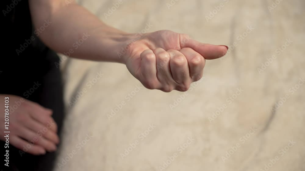 Close up woman clenches and unclenches fingers on hand. Female flexes ...