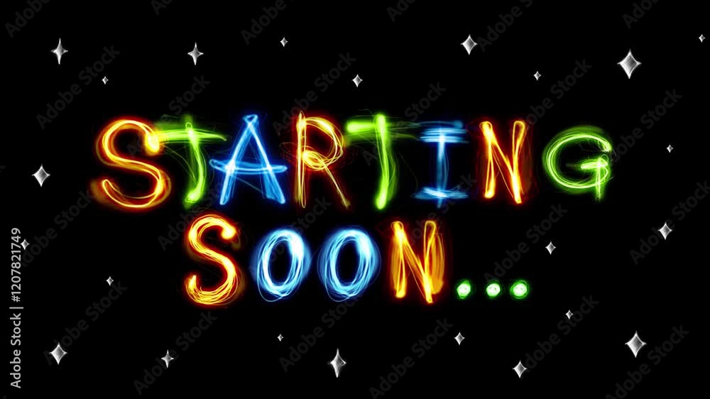 Neon glowing starting soon stream banner on a star night background ...