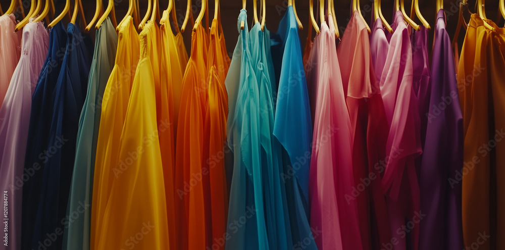Poster Clothing rail with bold brightly coloured clothes, retail shop ...