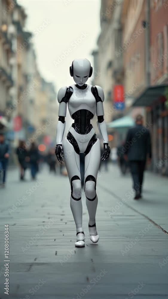 Humanoid android woman walking through the city sadly and crying ...