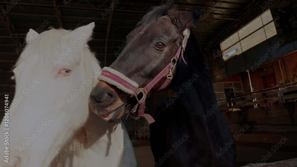 Horse care. Two horses standing together in the stable. Black and white ...