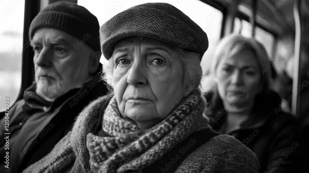 Senior woman riding public transport among grim faced passengers in ...