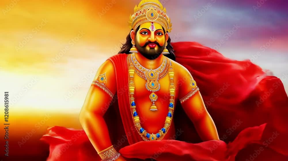 Regal hindu deity wearing ornate gold jewelry, dramatic red cape ...